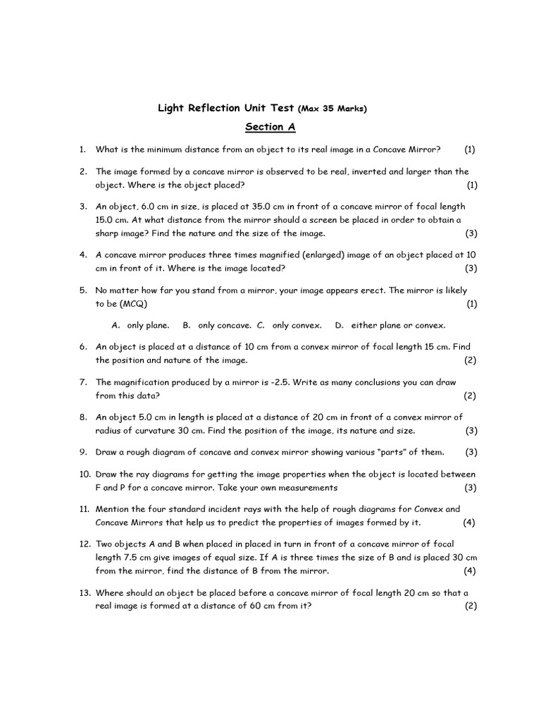 Light Reflection Unit Test | PDF | Mirror | Optics