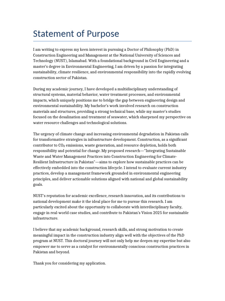 Statement of Purpose Construction PHD | PDF | Sustainability | Engineering