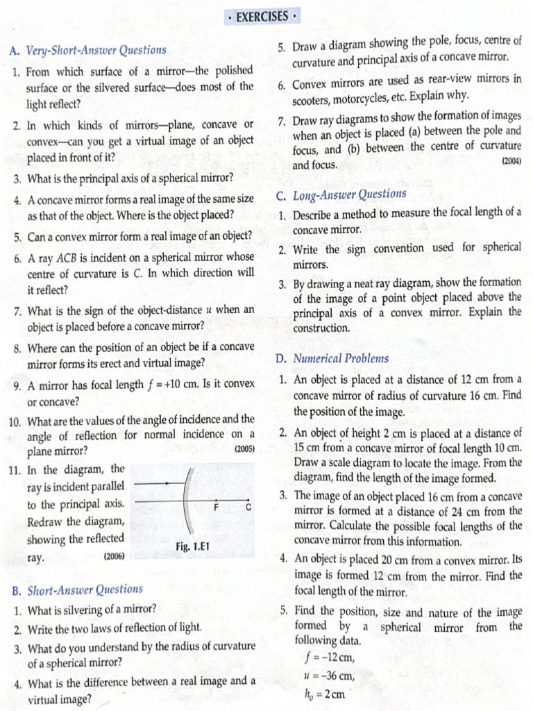 Light Reflection Worksheet Class 10 Physics | PDF