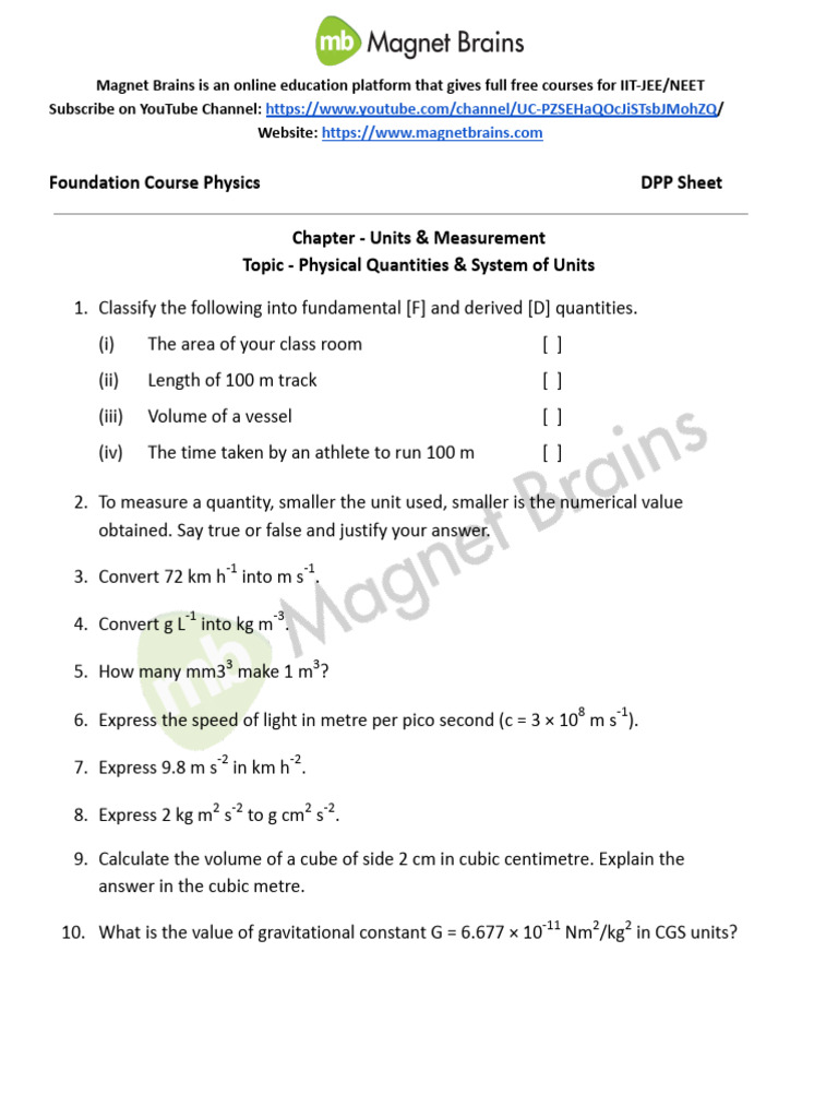 Foundation Course Physics - Units & Measurement - Physical Quantities & System of Units DPP | PDF