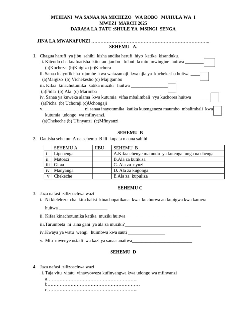 Mtihani Wa Sanaa Na Michezo Wa Robo Muhula Wa I Mwezi March 2025 | PDF