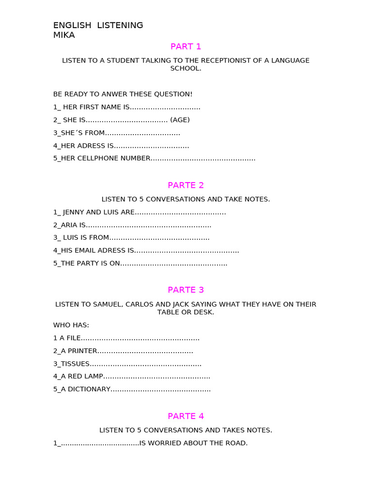 A1 English Listening Exercises | PDF