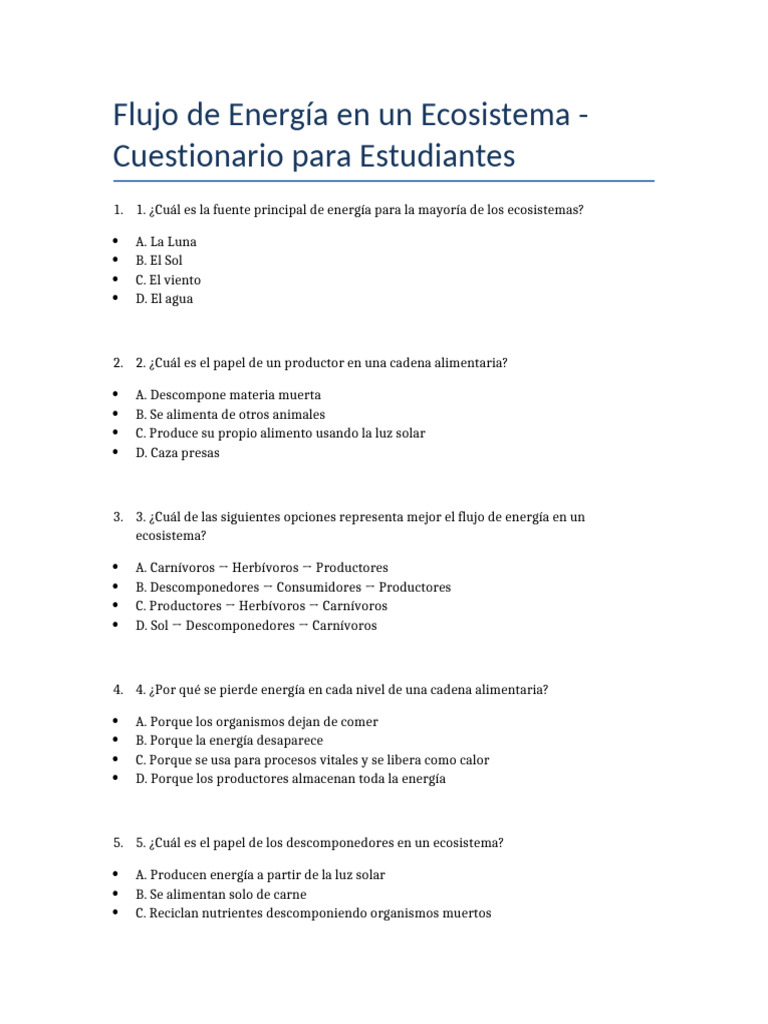 Cuestionario sobre Flujo de Energía Ecosistema | PDF