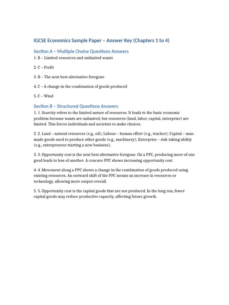 IGCSE Economics Sample Paper Answer Key Ch1-4 | PDF