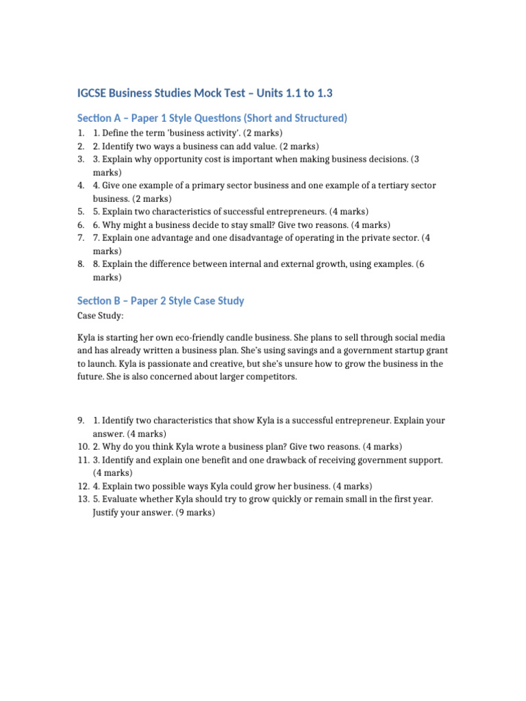 IGCSE Business Studies Mock Test | PDF