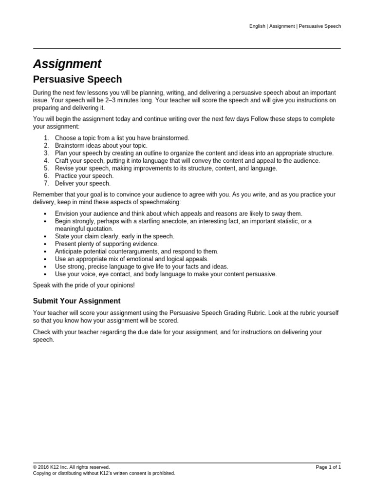 Persuasive Speech Assignment Guide | PDF