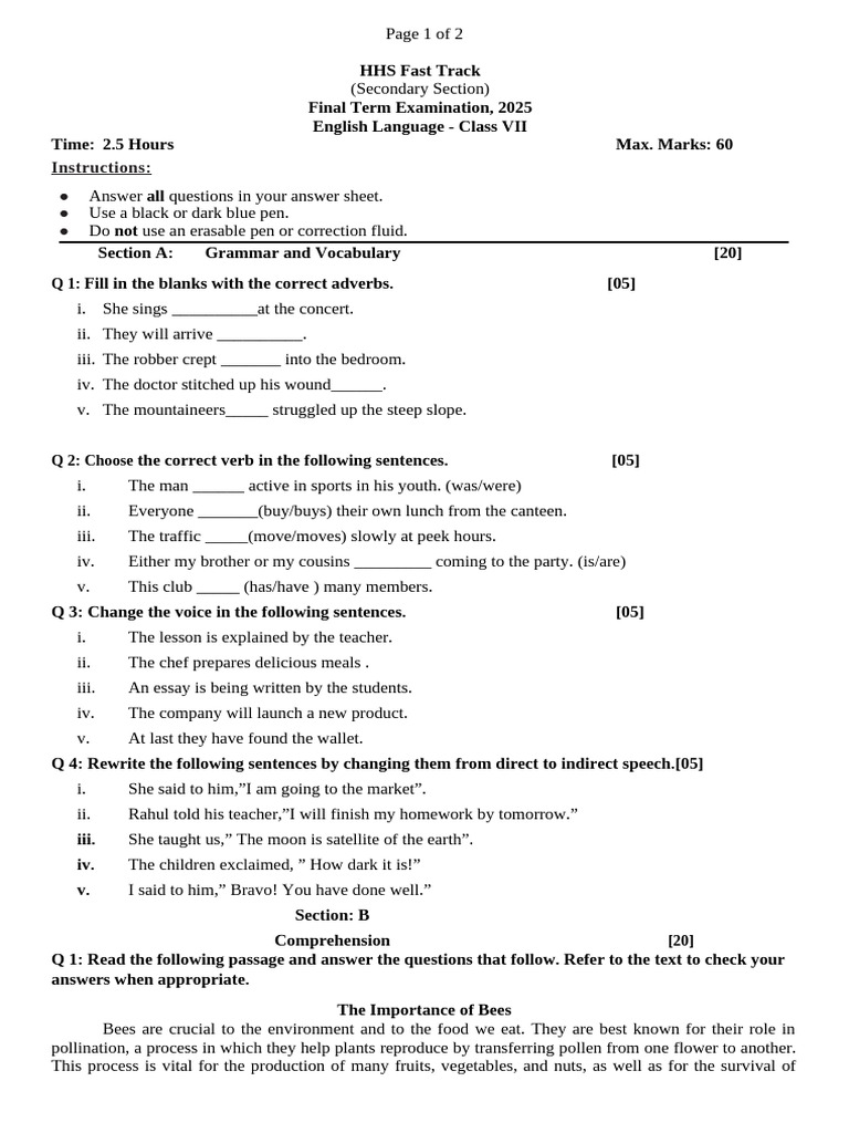 English Language (Class 7) - FASTTRACK New | PDF | Pollination | Bees
