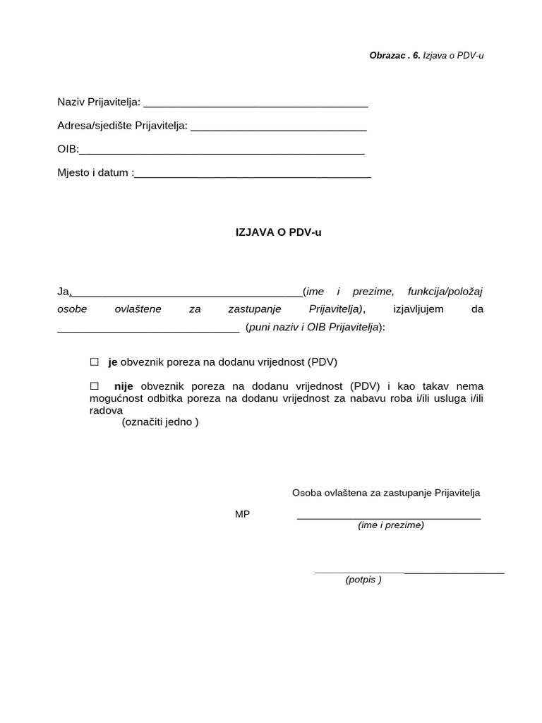 Obrazac-6 Izjava-oPDV2025 | PDF