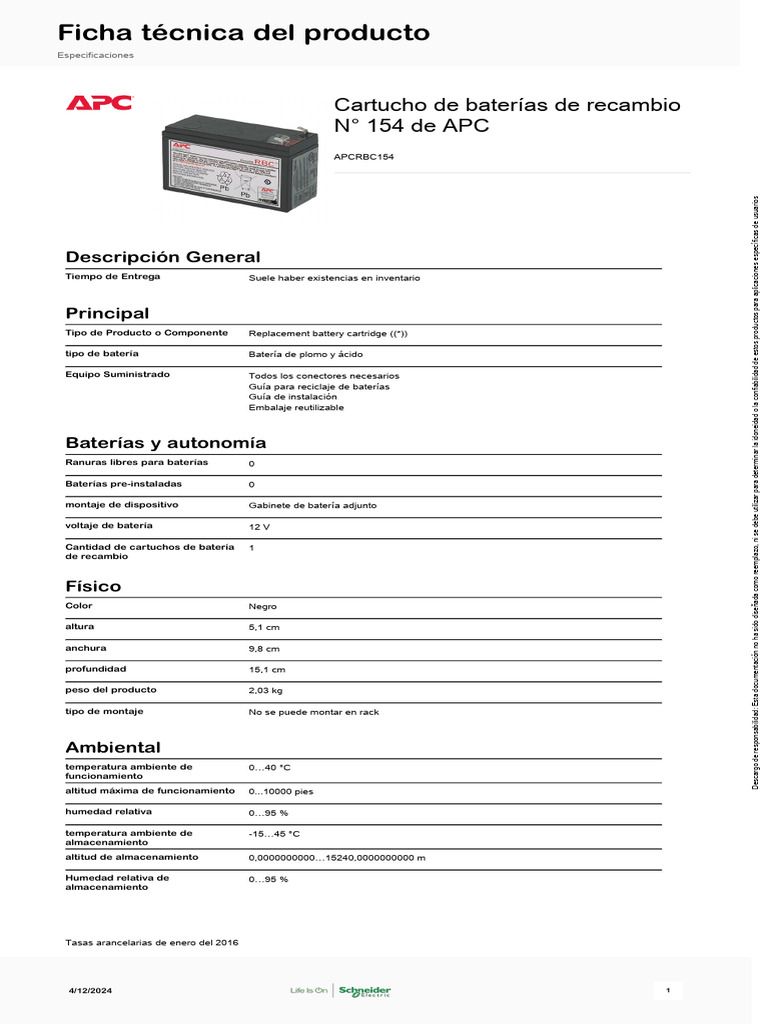 Schneider Electric - Cartuchos-De-Baterías-De-Recambio - APCRBC154 | PDF