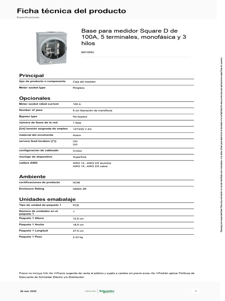 Medidor Square D 100A MS1005J | PDF | Materiales