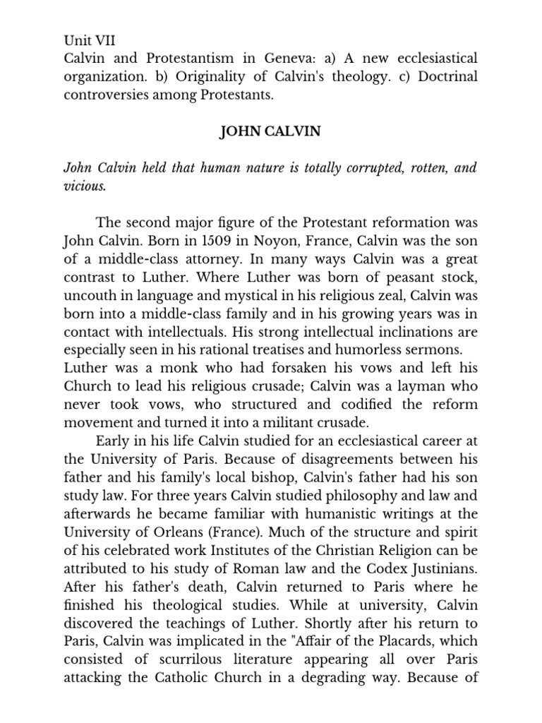 Unit 7 - Calvin and Protestantism in Geneva | PDF | John Calvin ...
