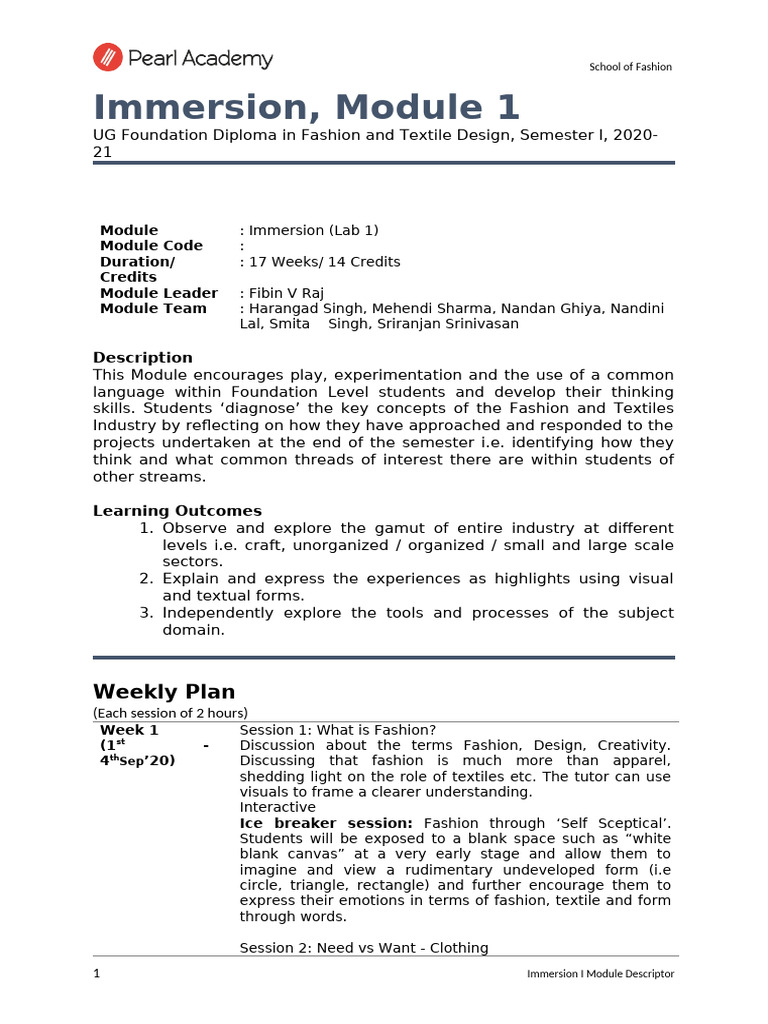 MODULE DESCRIPTOR_IMMERSION-1 Foundation | PDF | Fashion | Clothing