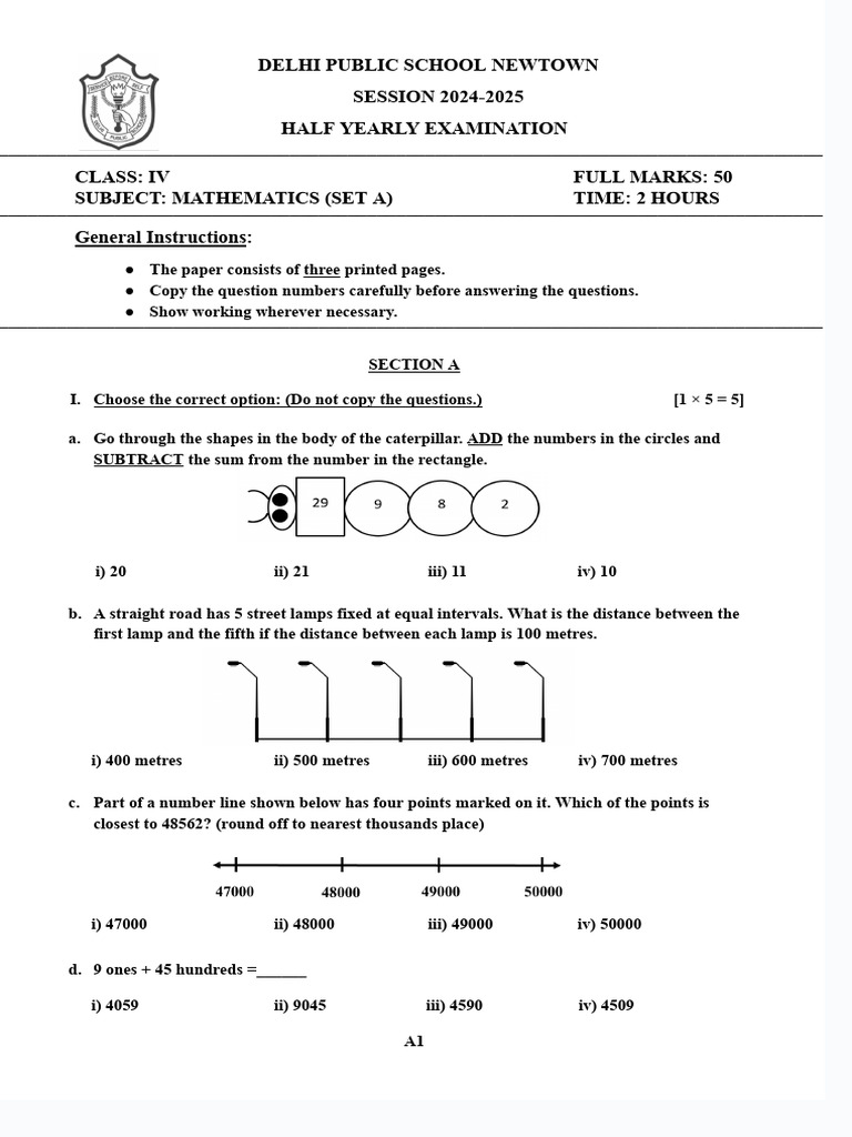Class 4 - Mathematics - Set A - Hy - 2024 | PDF | Arithmetic | Mathematics