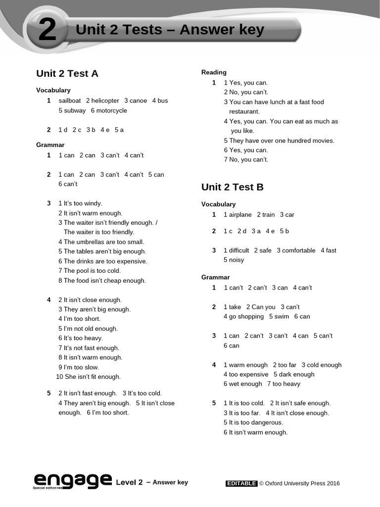 Engage 2 Unit 2 Tests Answer Key | PDF | Gastronomy | Foodservice