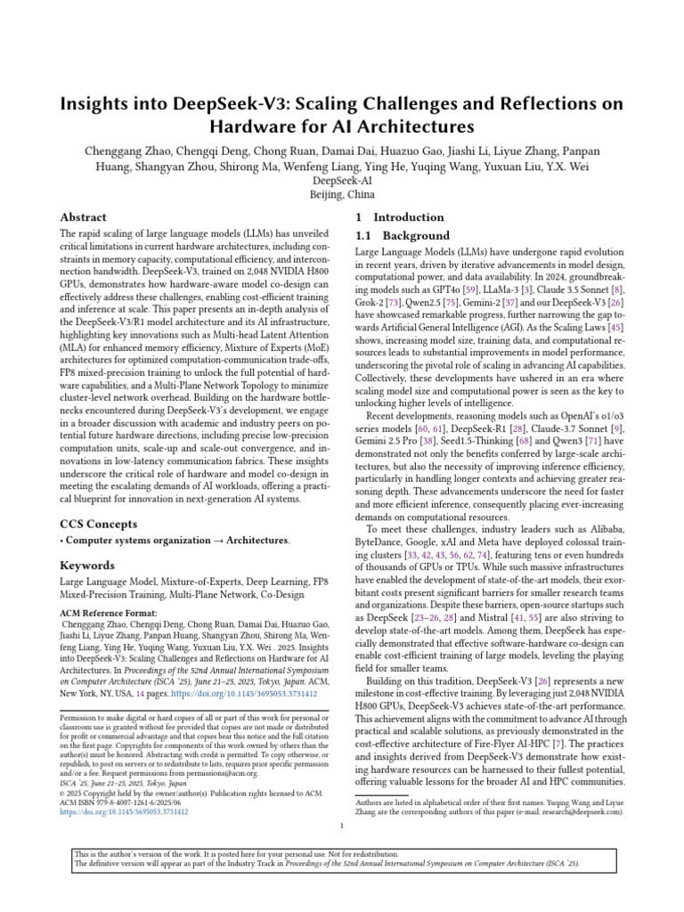 Insights Into DeepSeek-V3 - Scaling Challenges and Reflections On | PDF ...