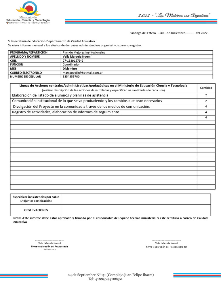 Modelo de Informe DICIEMBRE PMI 2022 | PDF