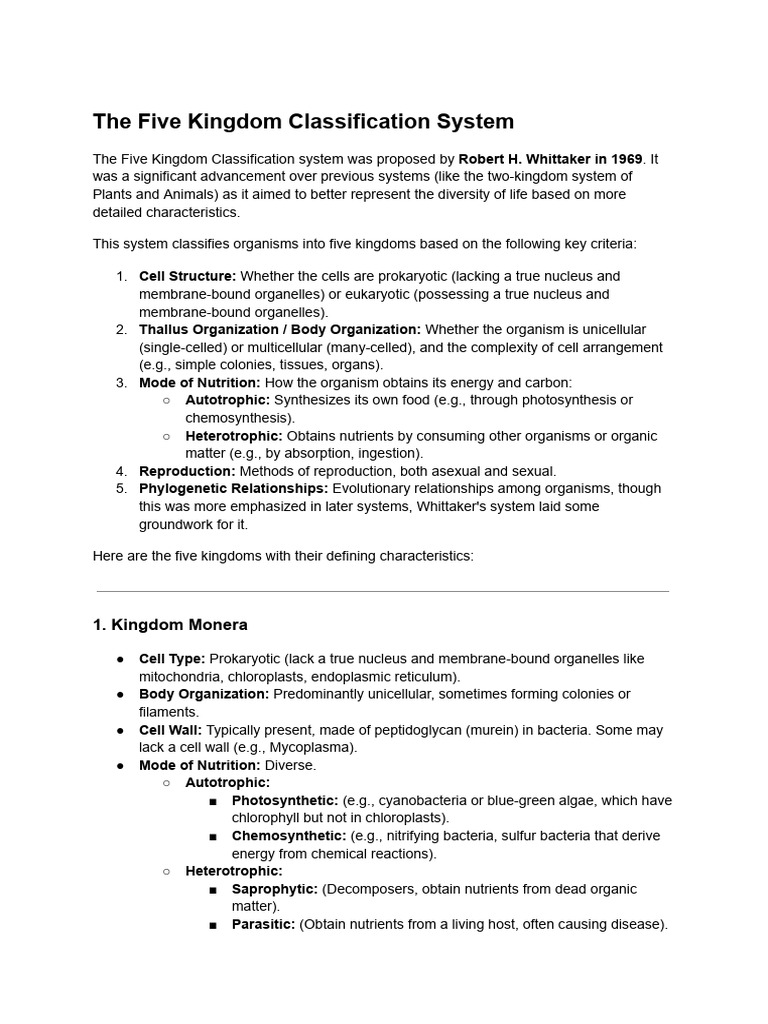 The Five Kingdom Classification System | PDF | Cell (Biology) | Fungus