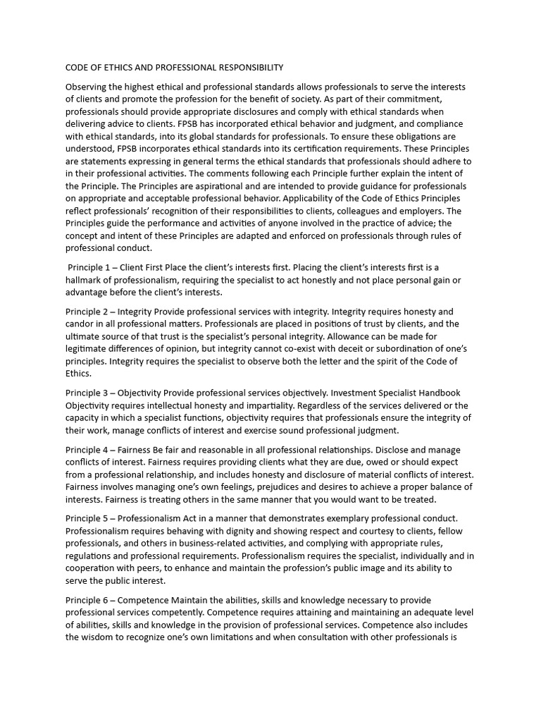 CODE OF ETHICS AND PROFESSIONAL RESPONSIBILITY | PDF | Integrity ...