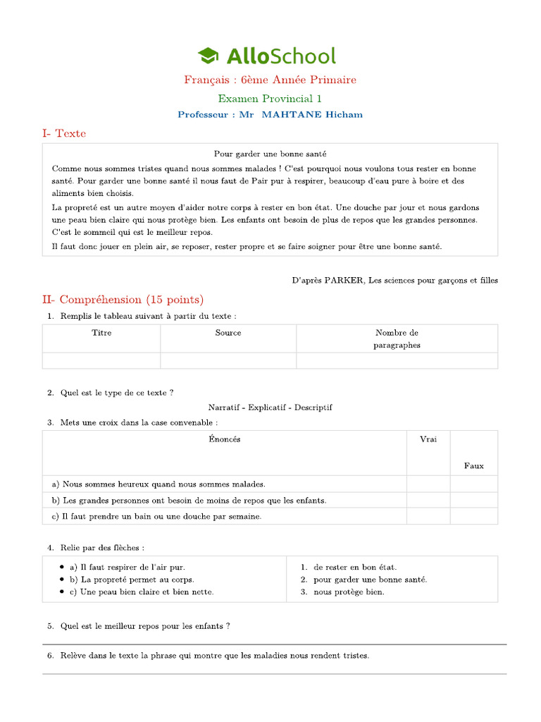 Francais 6ap Examen Provincial 1 2 | PDF