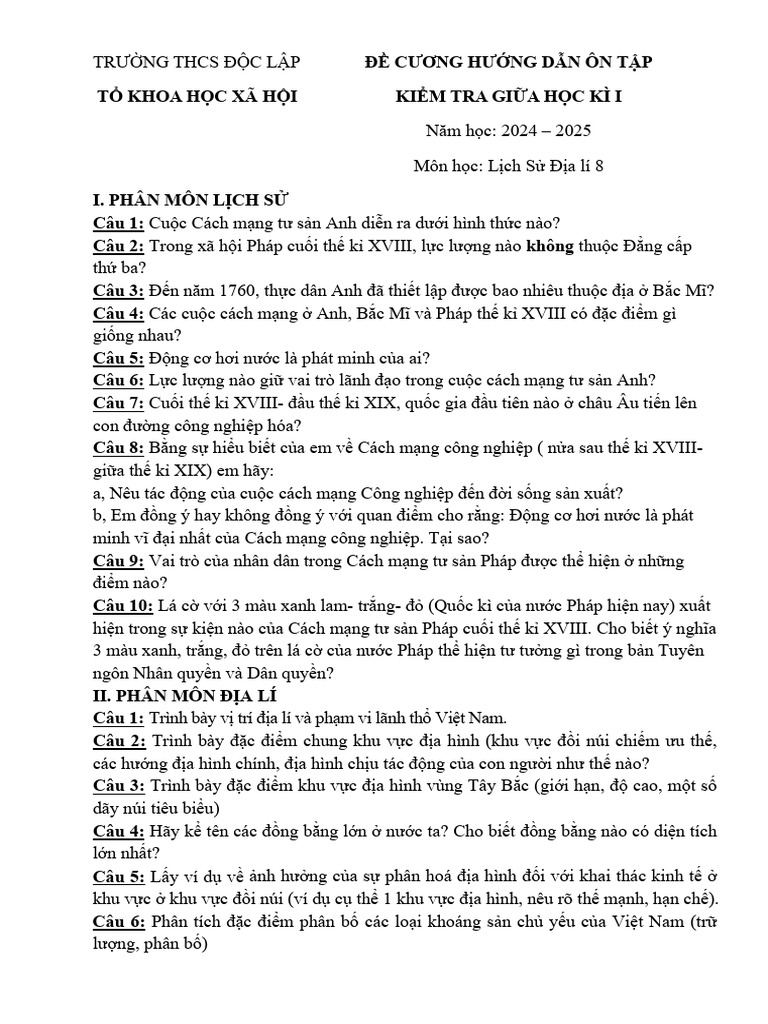 8 DE CUONG LICH SU-DIA LI 8-KIEM TRA GIUA HOC KI I 2024-2025 6a9c9 | PDF