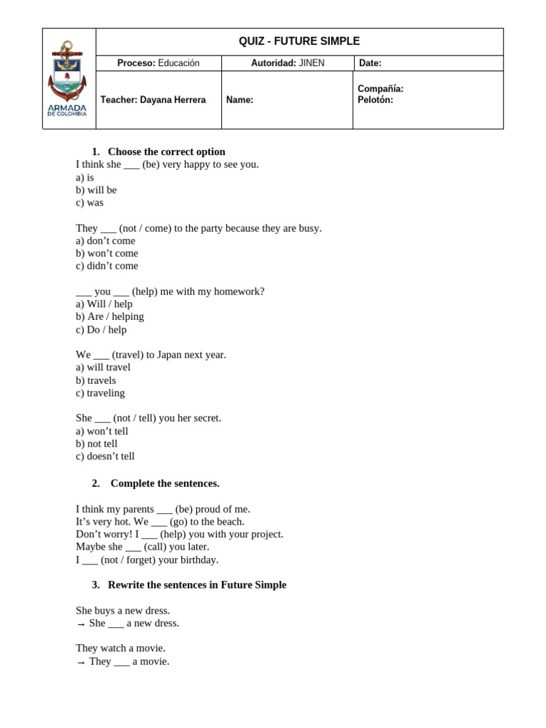 Quiz-Future Simple | PDF
