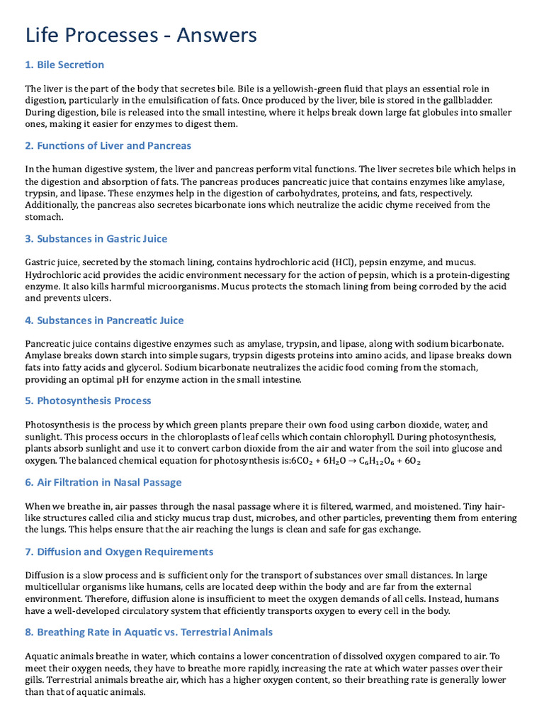 Life Processes Answers - Docx 20250513 085438 0000 | PDF | Digestion | Stomach