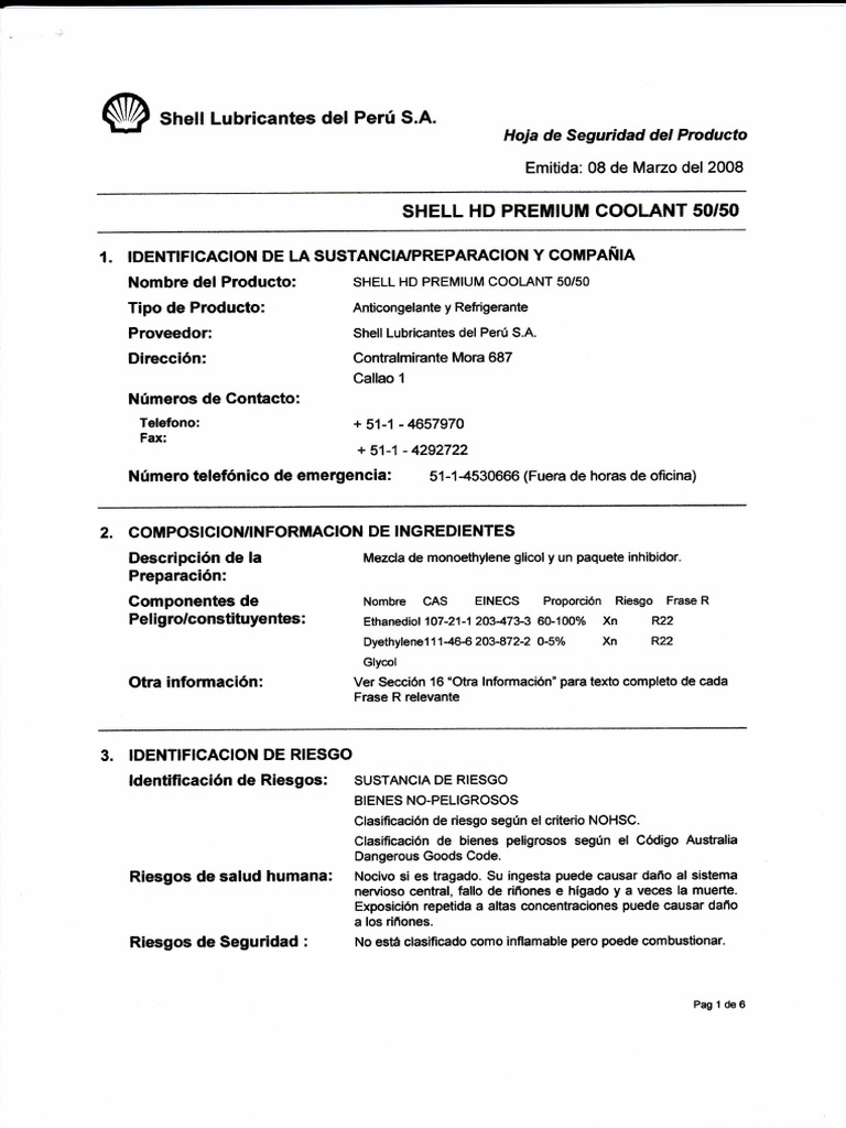 Hoja MSDS - Anticongelante (Shell) | PDF | Gases