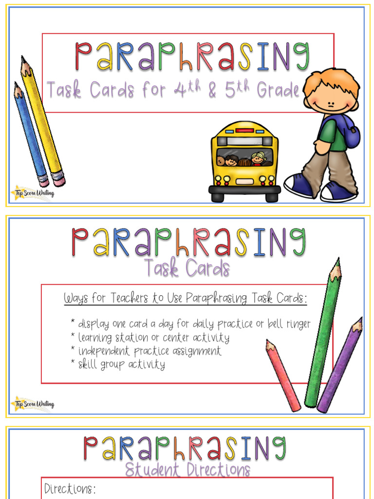 4th - 5th Grade - Paraphrasing Task Cards - 1 Week Freebie | PDF ...