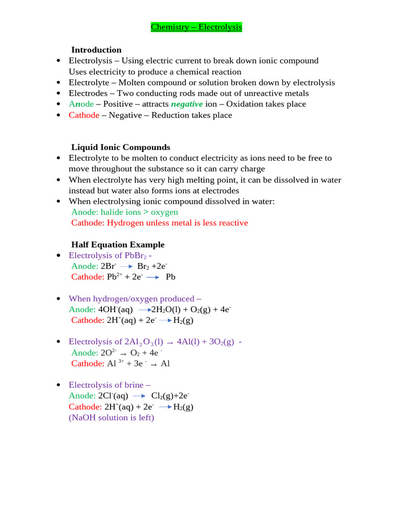 GCSE AQA Chemistry - Electrolysis Notes | PDF