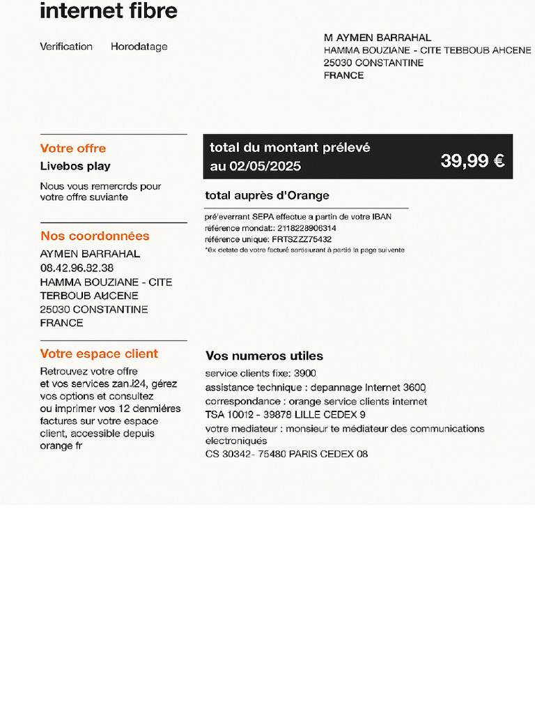 Facture Orange Avril 2025 | PDF