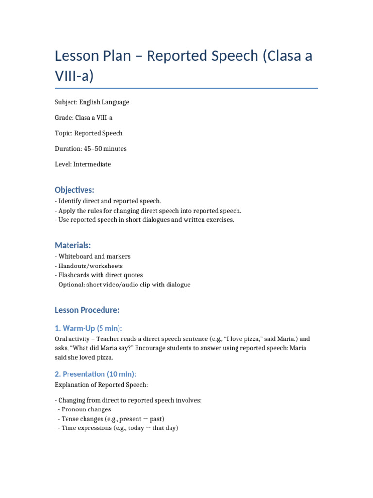 Reported Speech Lesson Plan Clasa VIII | PDF