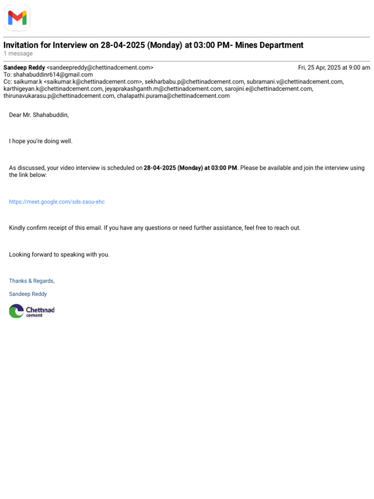 Gmail - Invitation For Interview On 28-04-2025 (Monday) at 03 - 00 PM ...