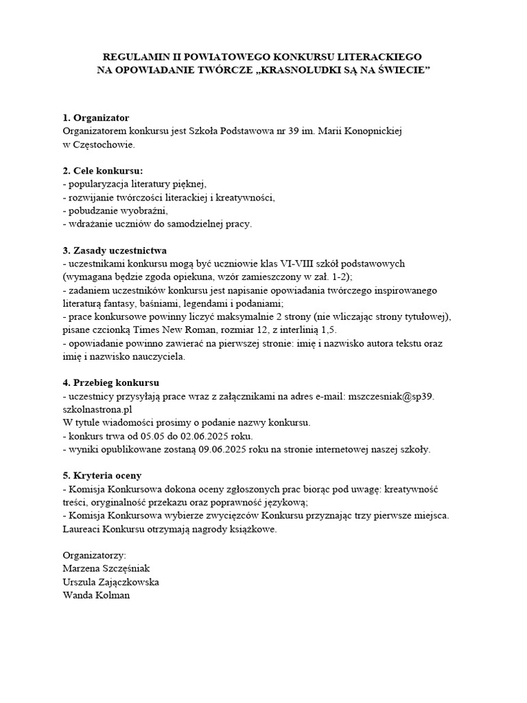 Powiatowy Konkurs Literacki | PDF