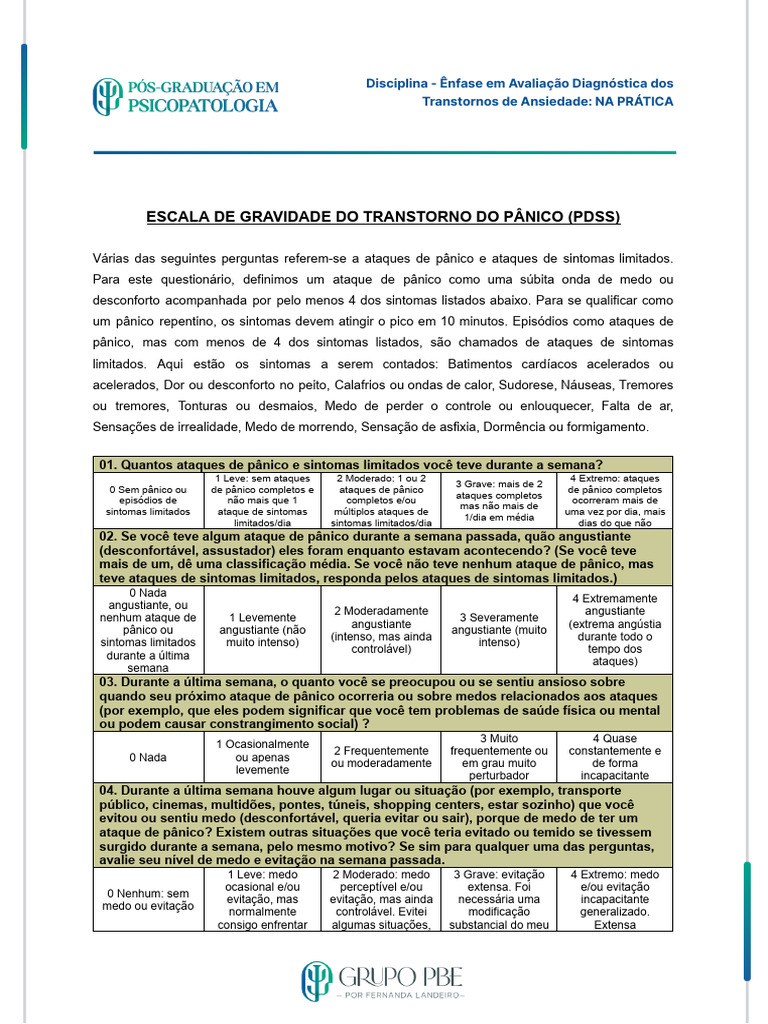 Escala de Gravidade Do Transtorno Do Pânico (PDSS) | PDF | Ataque de pânico | Transtorno de pânico