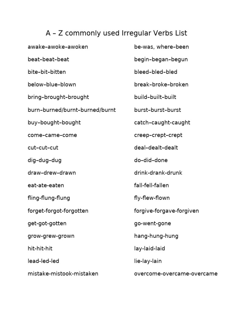 A – Z commonly used Irregular Verbs List | PDF