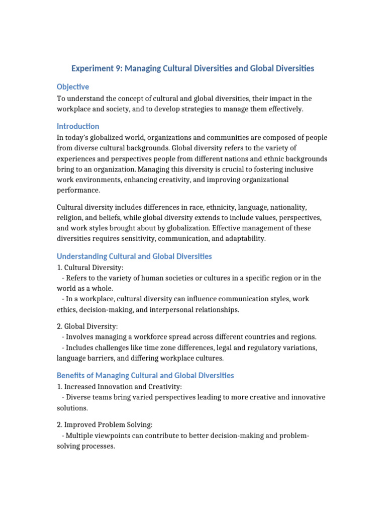 Experiment 9 Cultural and Global Diversity | PDF | Diversity (Business ...