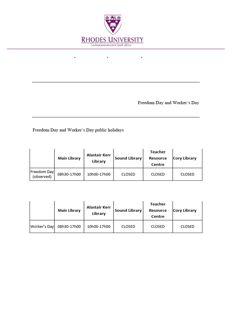 Memorandum - Rhodes University Library Opening Times (Freedom Day and ...