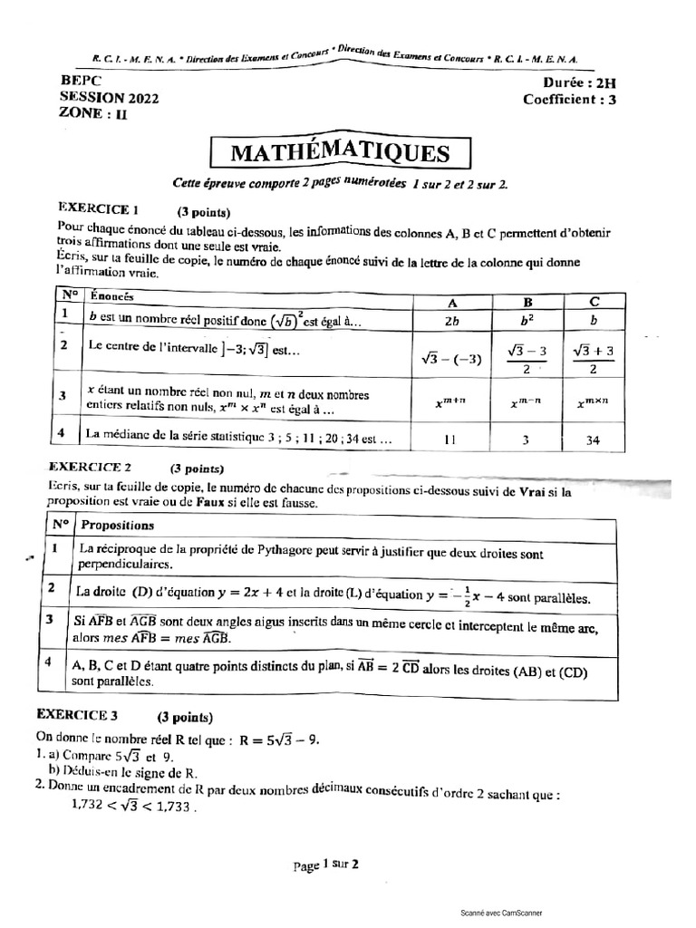 Bepc Zone II Math | PDF