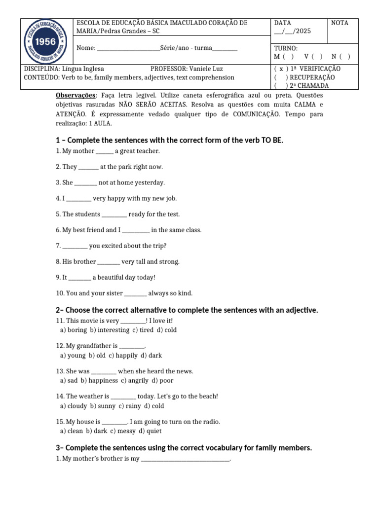 Prova Verbo To Be 1 | PDF