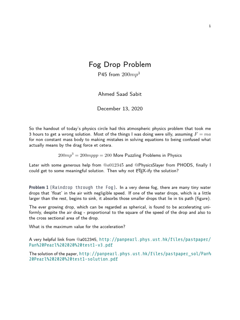 Fog Drop Problem - Harvard Physics Circle | PDF | Force | Drag (Physics)