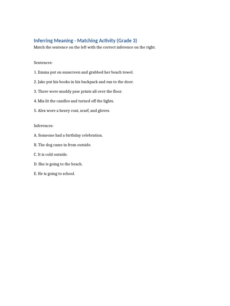 Grade 3 Inferring Matching Activity | PDF
