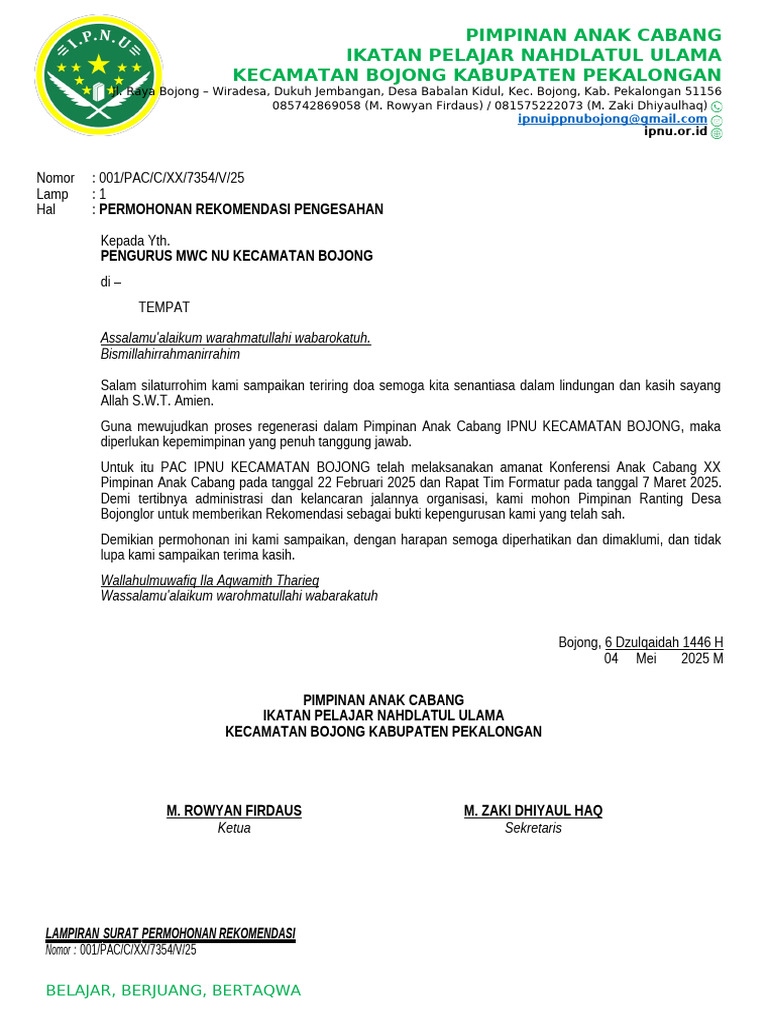 Surat Rekomendasi MWC Nu | PDF
