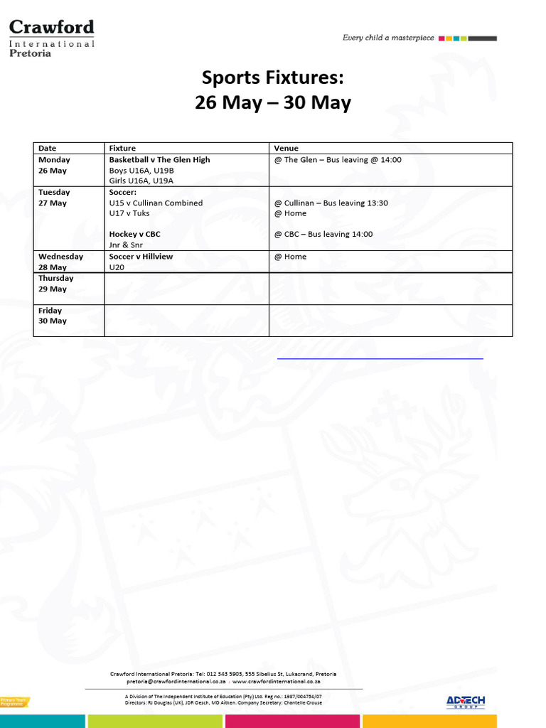 Crawford International Sports Fixtures | PDF