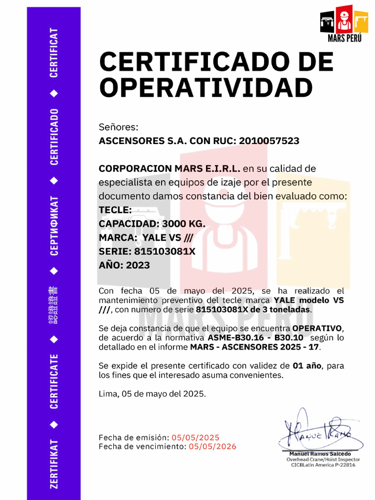 Certificado de Operatividad Yale 3t s15103081x | PDF