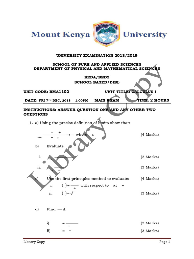 Bma1102 Calculus I Dibel Main | PDF | Theoretical Physics | Applied Mathematics