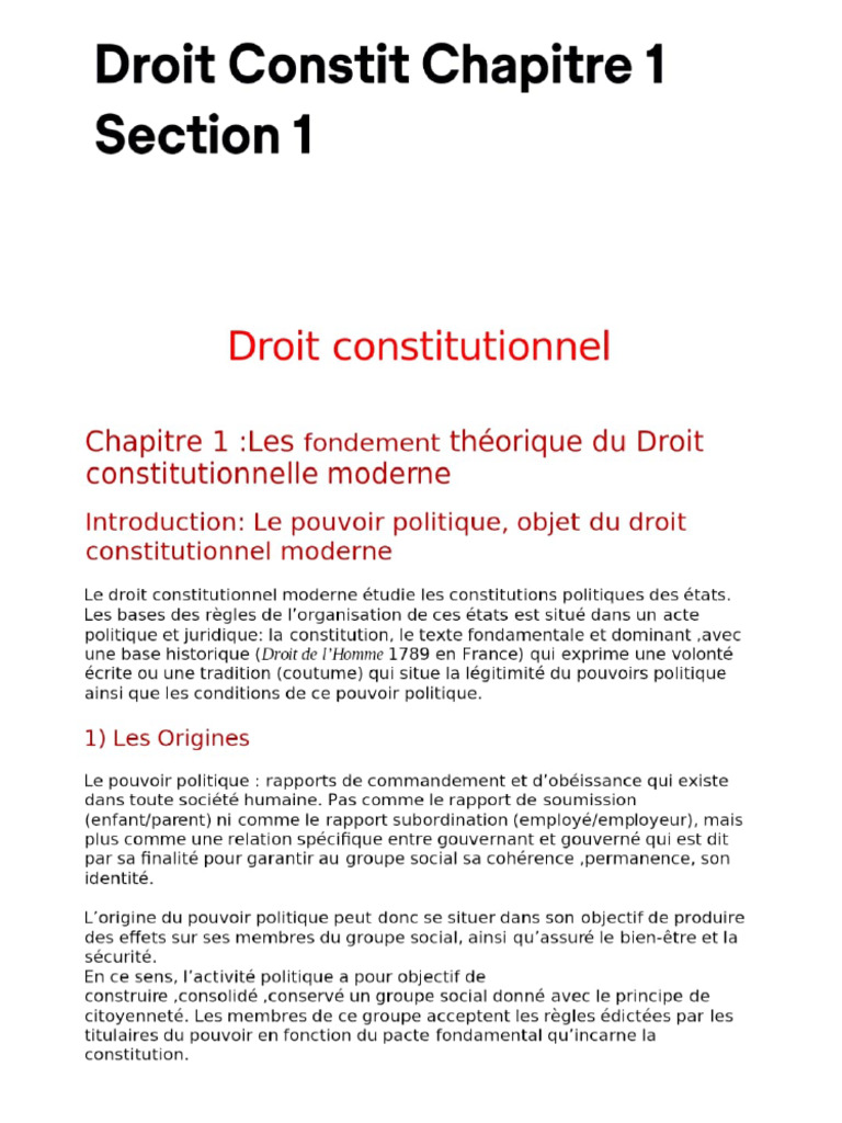 Droit Constitutionnel Chapitre 1 | PDF