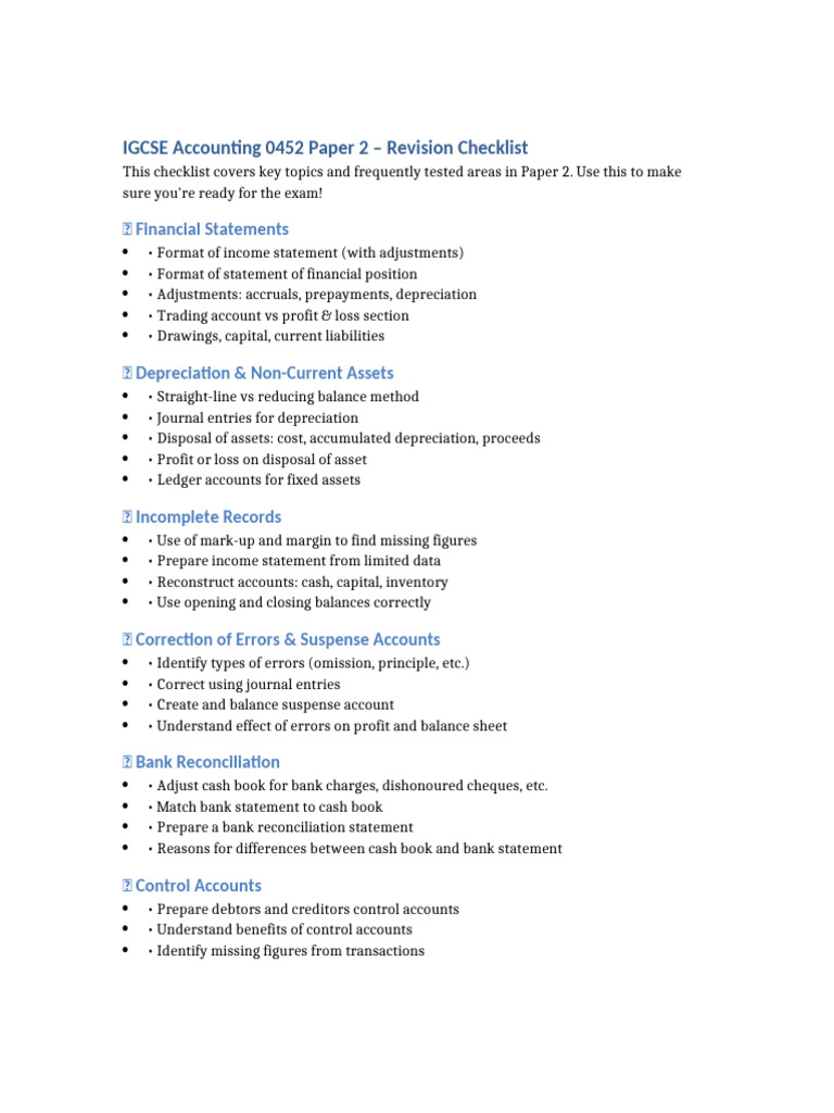 IGCSE Accounting Paper2 Revision Checklist | PDF