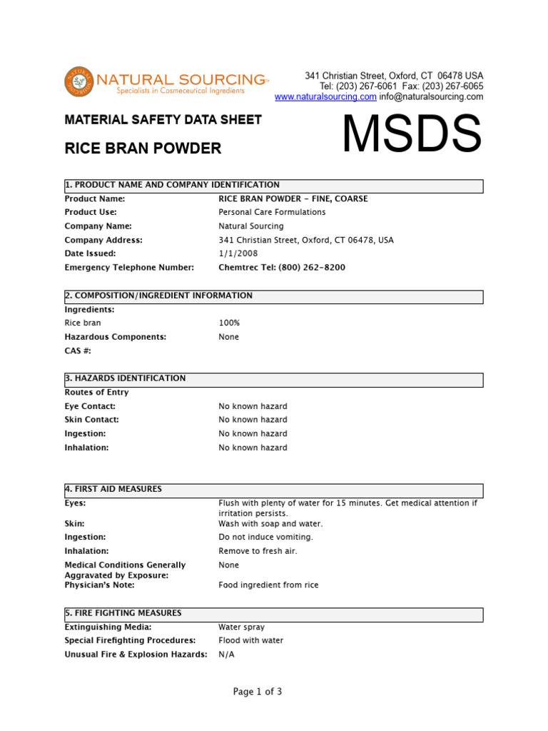 (MSDS) Rice Bran Powder, Fine - Natural Sourcing, LLC | PDF | Sodium ...