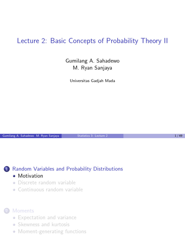 LECTURE 2 Basic Concepts of Probability Theory II | PDF | Probability Distribution | Variance