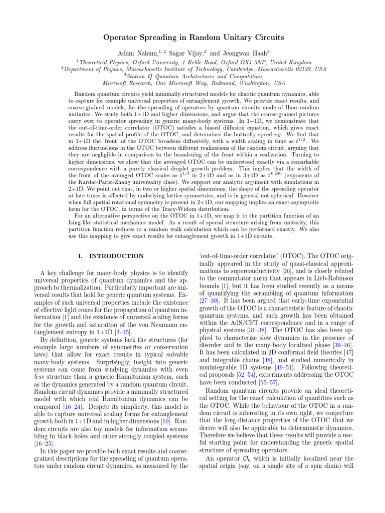 Operator Spreading in Random Unitary Circuits | PDF | Quantum Entanglement | Classical Mechanics